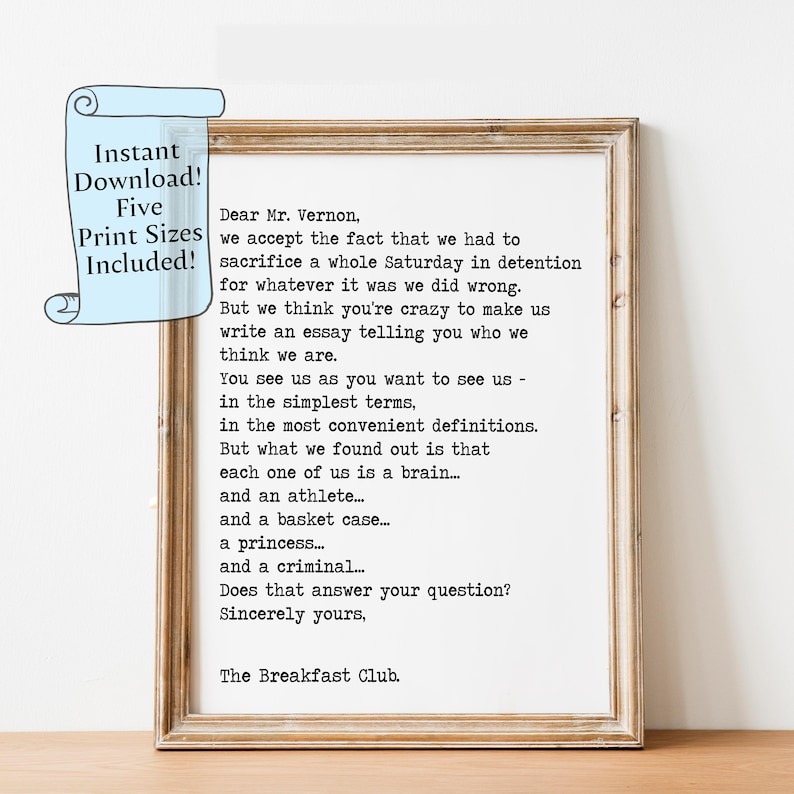 The Breakfast Club Movie Quote Art Print: Mr. Vernon Letter (digital ...