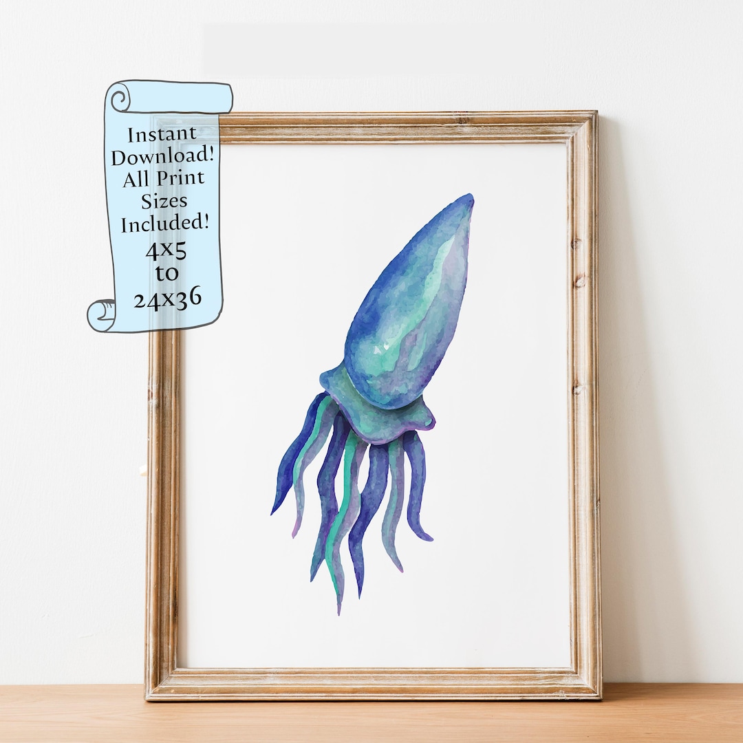 Squid Printable Wall Art - Blue Squid Painting Animal Wall Art for ...