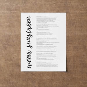 Wear Sunscreen Song Lyrics Poster Print - Printable Wall Art - Instant ...