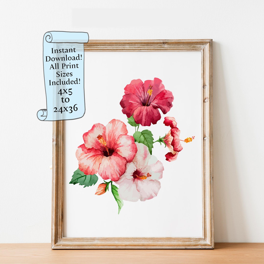 Watercolor Hibiscus Flowers Downloadable Wall Art - Floral Poster Print ...