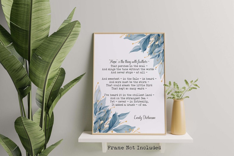 Emily Dickinson Poem Print: Blue & Gold Watercolor Leaves, Literary ...