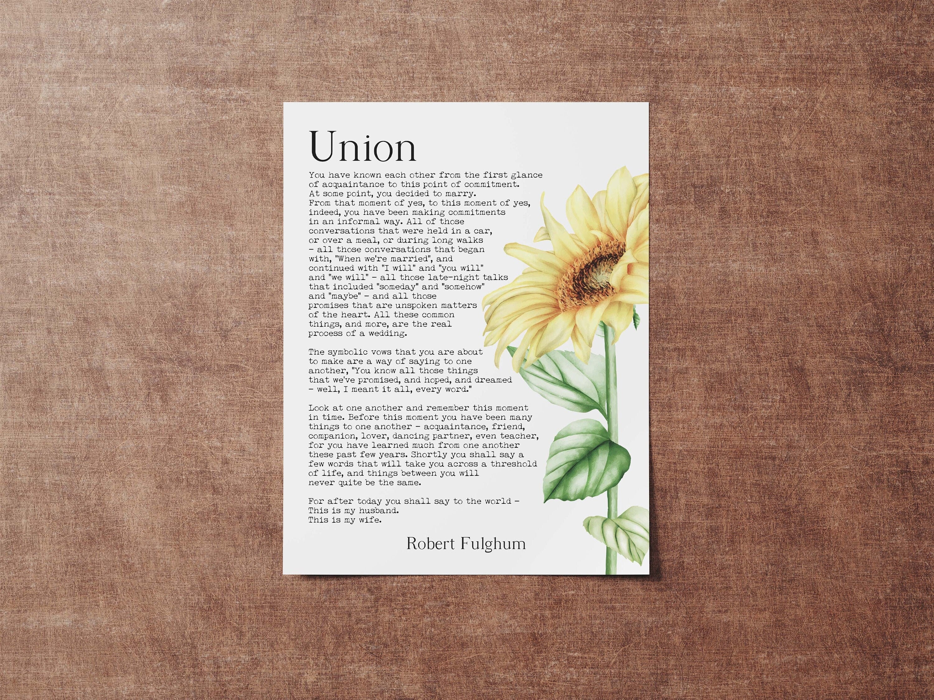 Robert Fulghum 'union' Poem Print: Sunflower Wedding Decor (instant ...