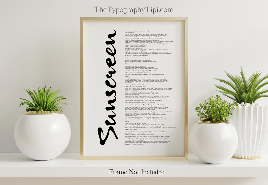 Sunscreen Song Lyrics Wall Art - Inspirational Poster Print - Framed ...