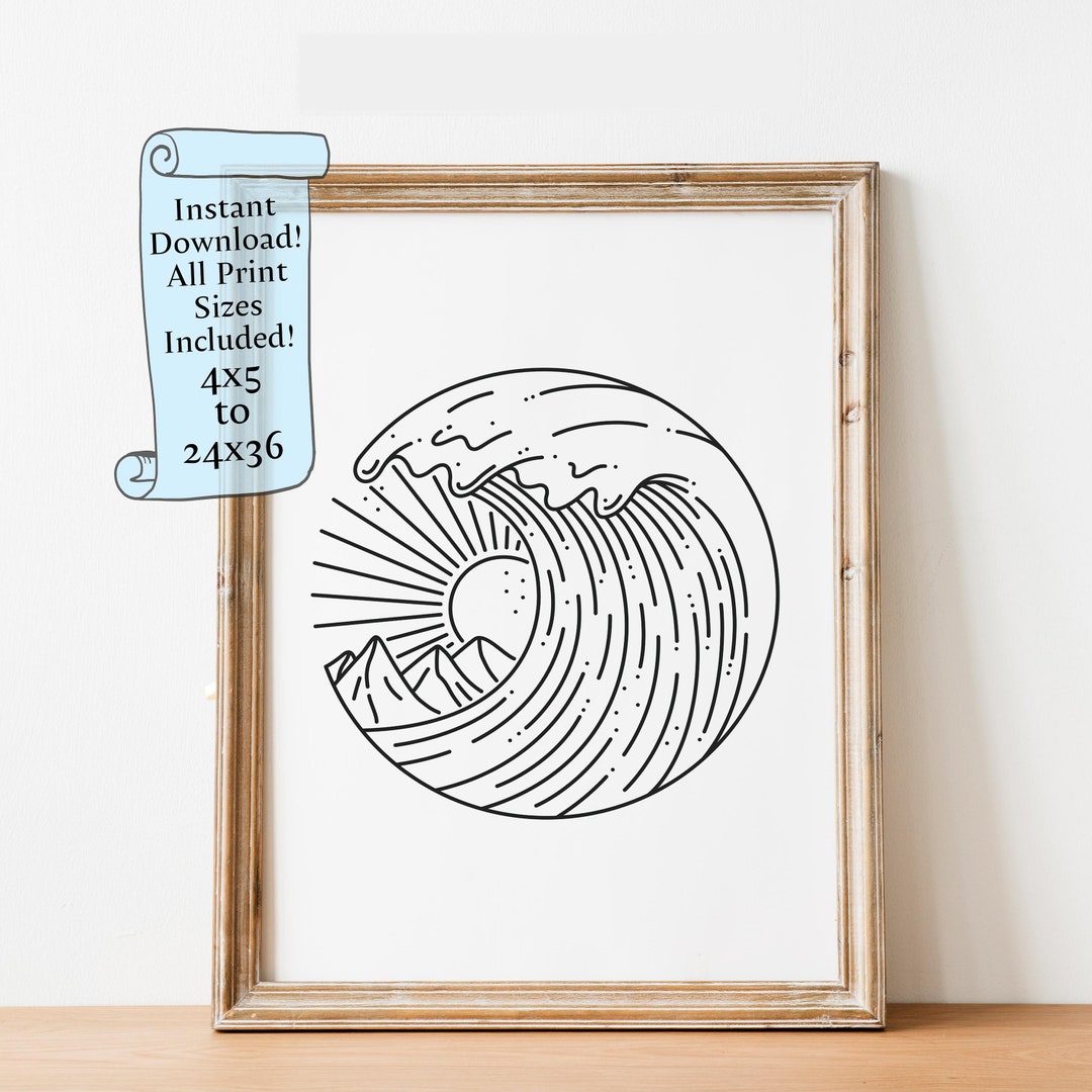 Surf Waves Illustration Line Art Drawing Downloadable Wall Art Surf ...