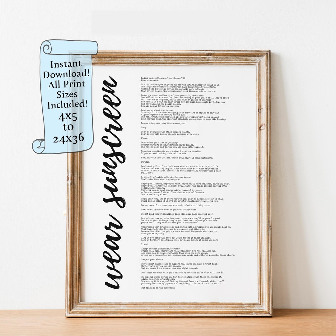 Wear Sunscreen Song Lyrics Poster Print - Printable Wall Art - Instant ...