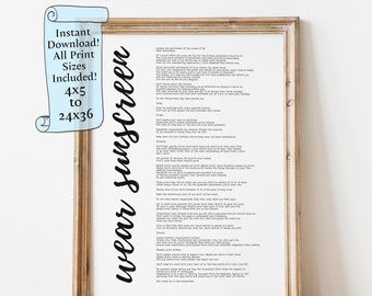 Everybody's Free (to Wear Sunscreen) Lyrics. Typography Wall Art Print ...