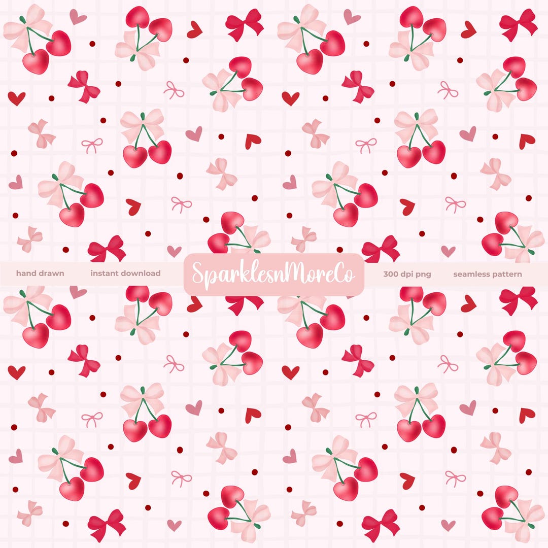 Valentines Coquette Cherries Seamless Pattern 300 DPI PNG Download for ...