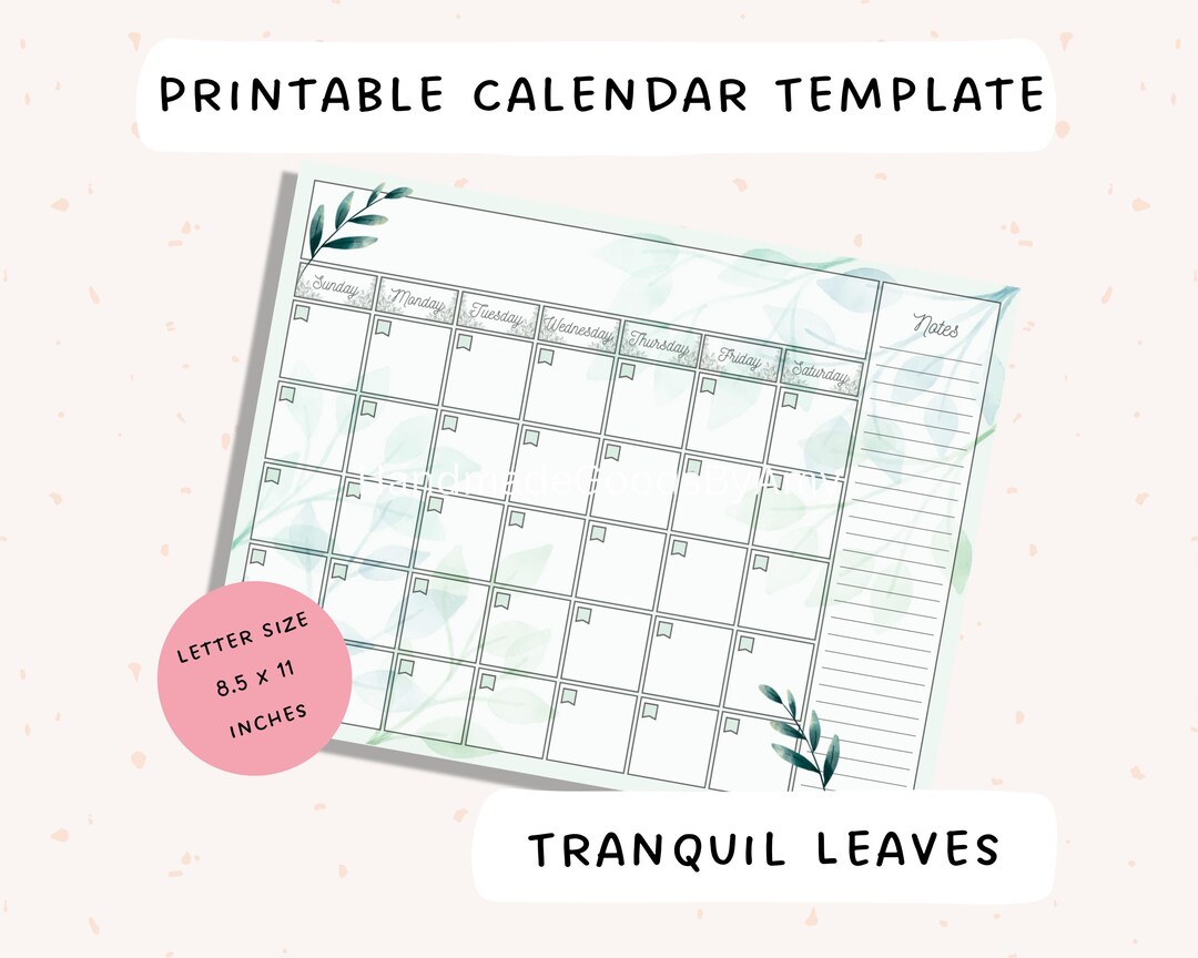 Calendar Template Download - Tranquil Leaves - Etsy