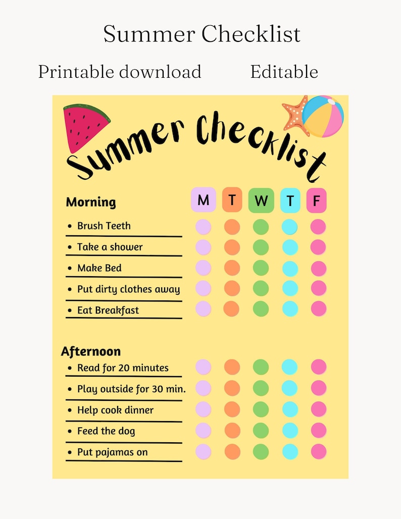 Kids Summer Chores Checklist | Kids to Do List | Editable Template ...