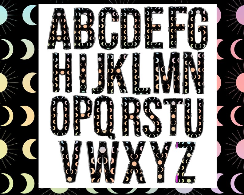 Celestial Moon Doodle Alphabet Letters PNG Bundle Alphabet - Etsy