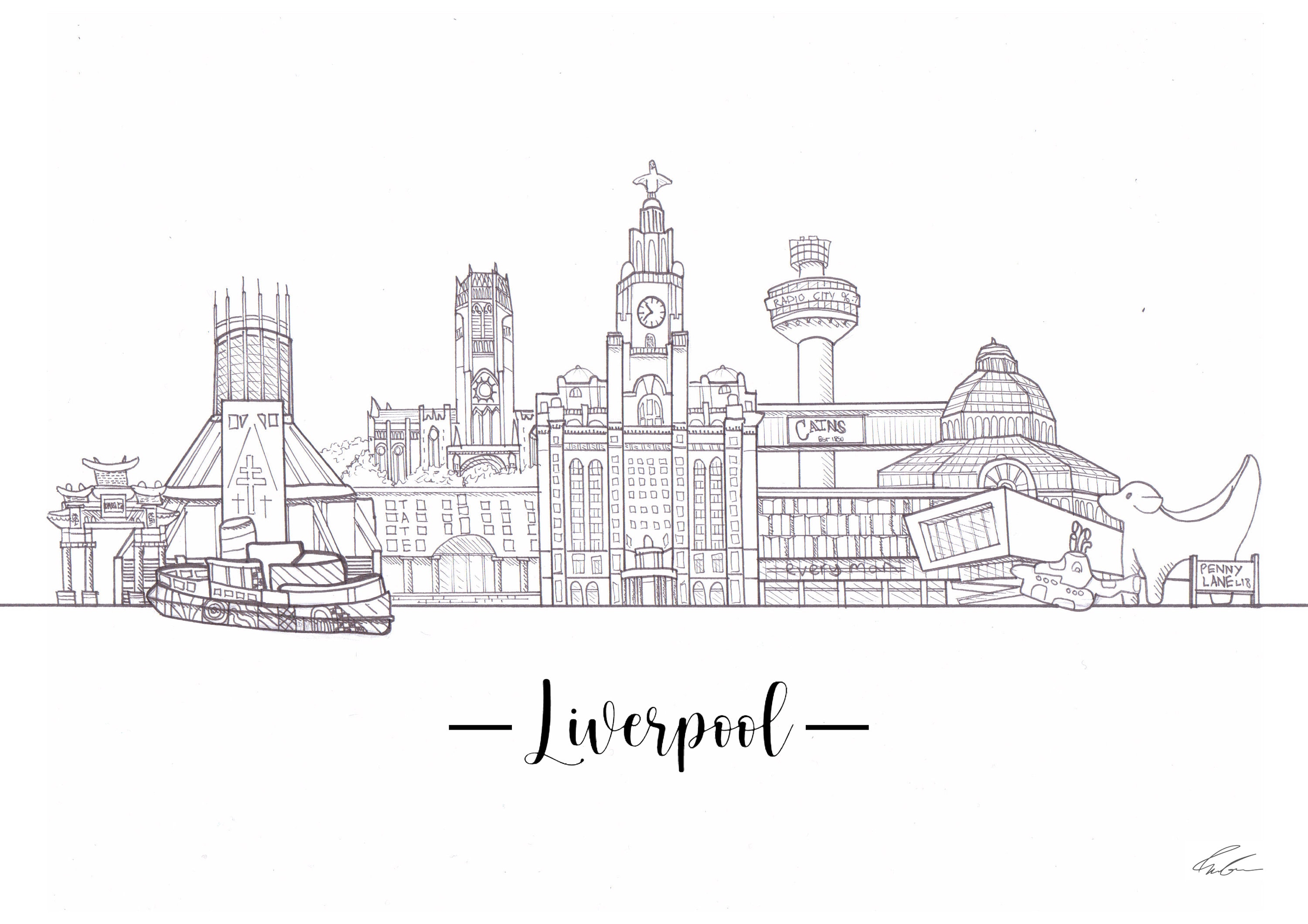 Art Print Liverpool Skyline Urban Sketch Multiple Colours | Etsy