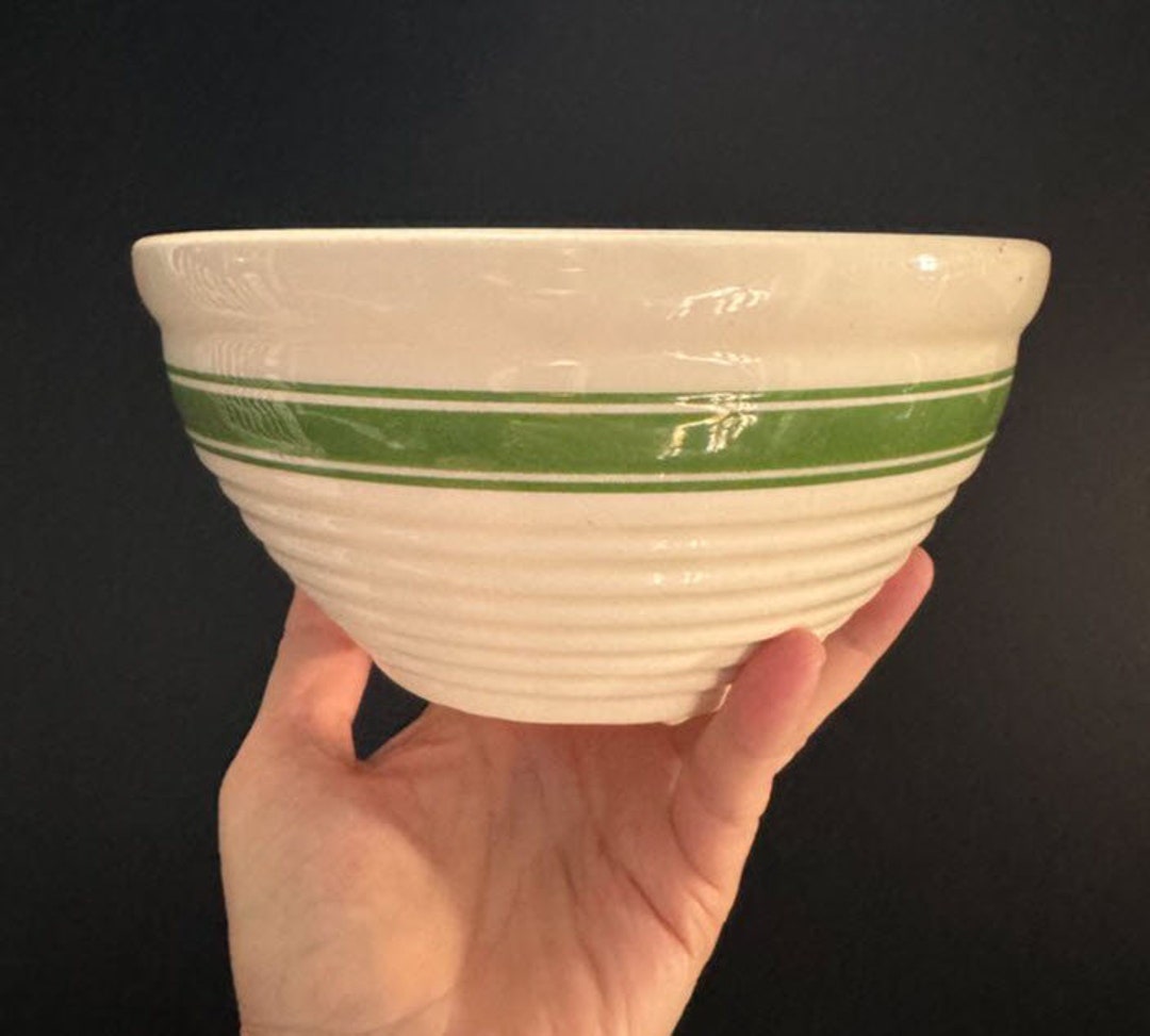 Vintage Hull Beehive Cream and Green Striped Yellowware Bowl - Oven ...