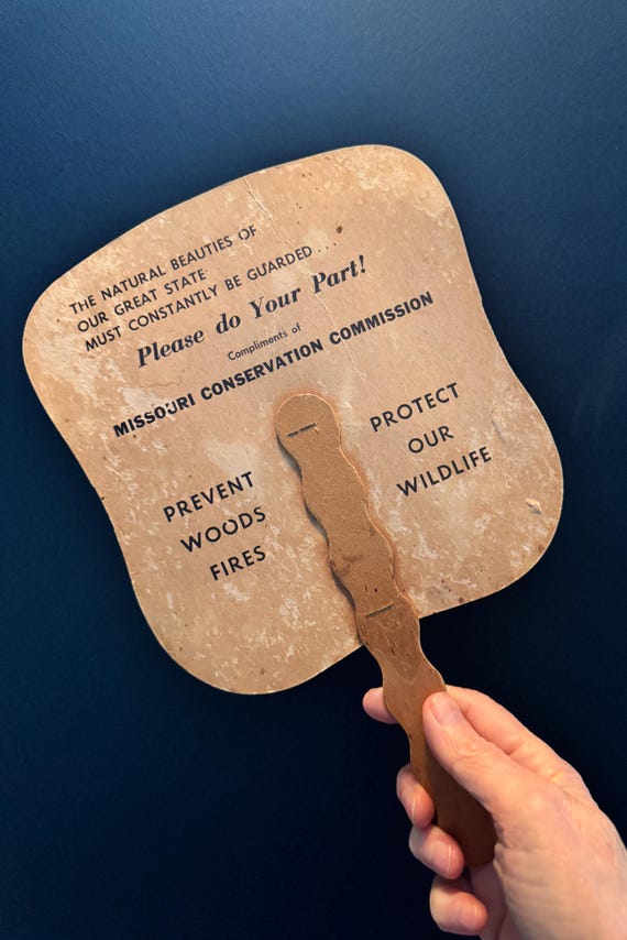 Vintage Handheld Church Fan - Cardboard on Wood Handle - Gem