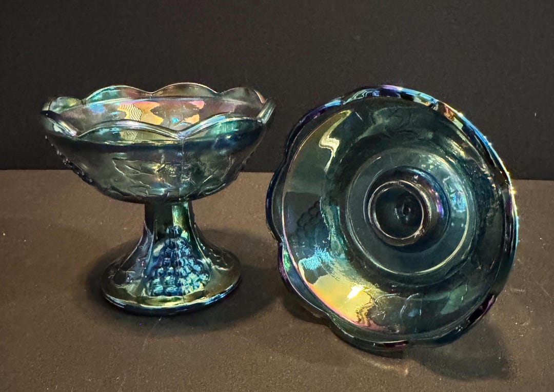 Pair of Indiana Glass Iridescent Blue Harvest Grape Pattern Carnival ...