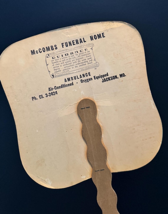 Vintage Handheld Church Fan - Cardboard on Wood Handle - Gem