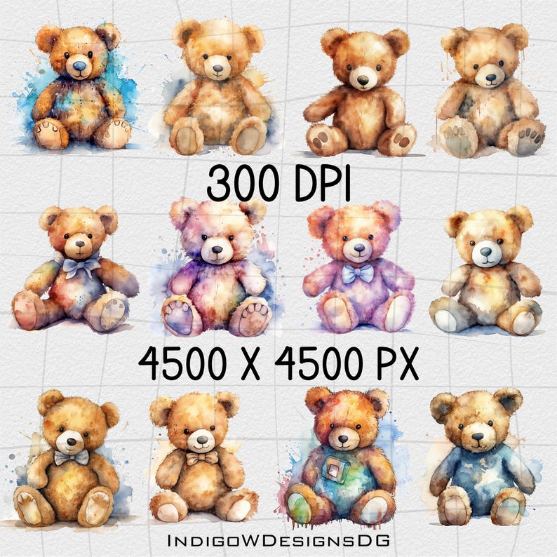 Watercolor Teddy Bear Clip Art / Cute Teddy Bears, PNG, Nursery, - Etsy