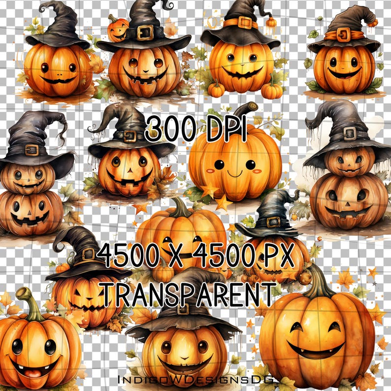 Watercolor Halloween Pumpkin Clip Art, Witch Pumpkin (PNG) - Etsy