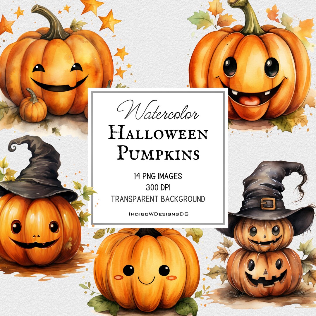 Watercolor Halloween Pumpkin Clip Art, Witch Pumpkin (PNG) - Etsy
