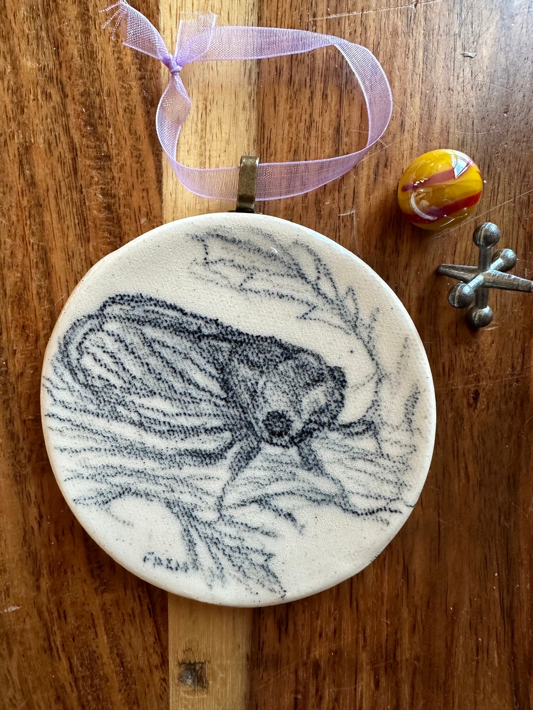 Hand Drawn CICADA on Handmade Ceramic Circle Ornament, 3 Across, .25 ...