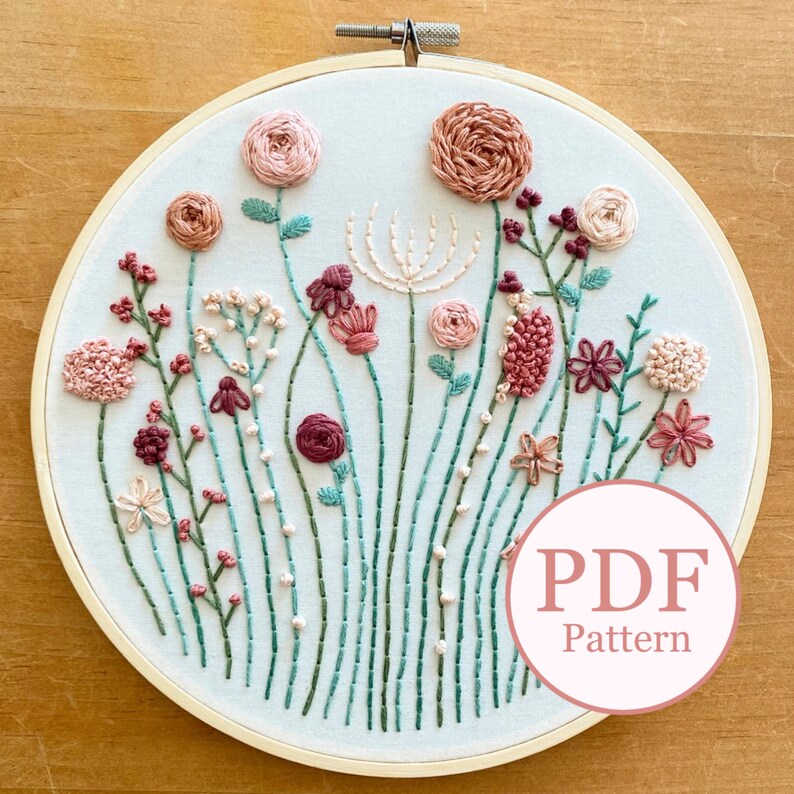 Mellow Meadow Floral Embroidery Pattern Embroidery Hoop - Etsy