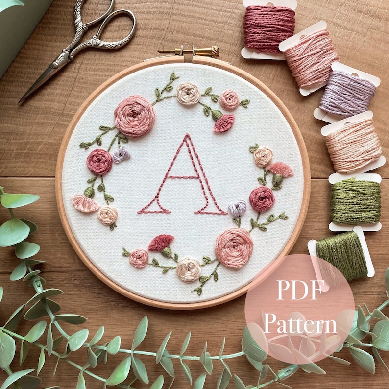 Floral Initial Hoop Embroidery Pattern | Digital Download | Full ...