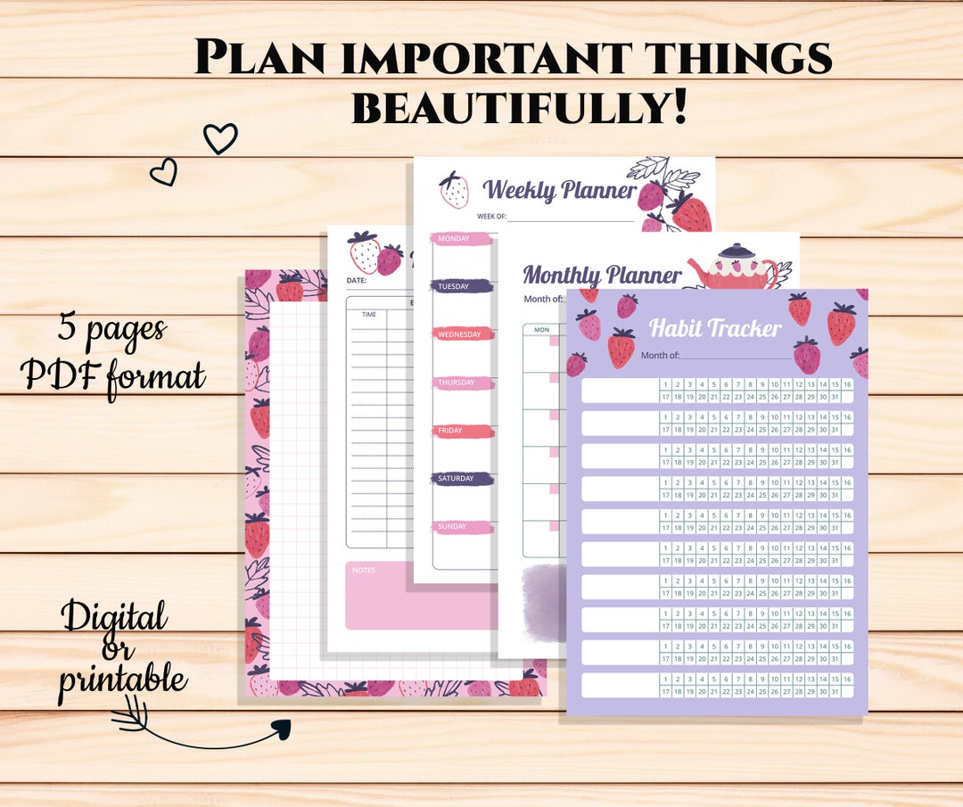 Daily Planner Strawberry,weekly Planner, Monthly Planner,habit Tracker ...