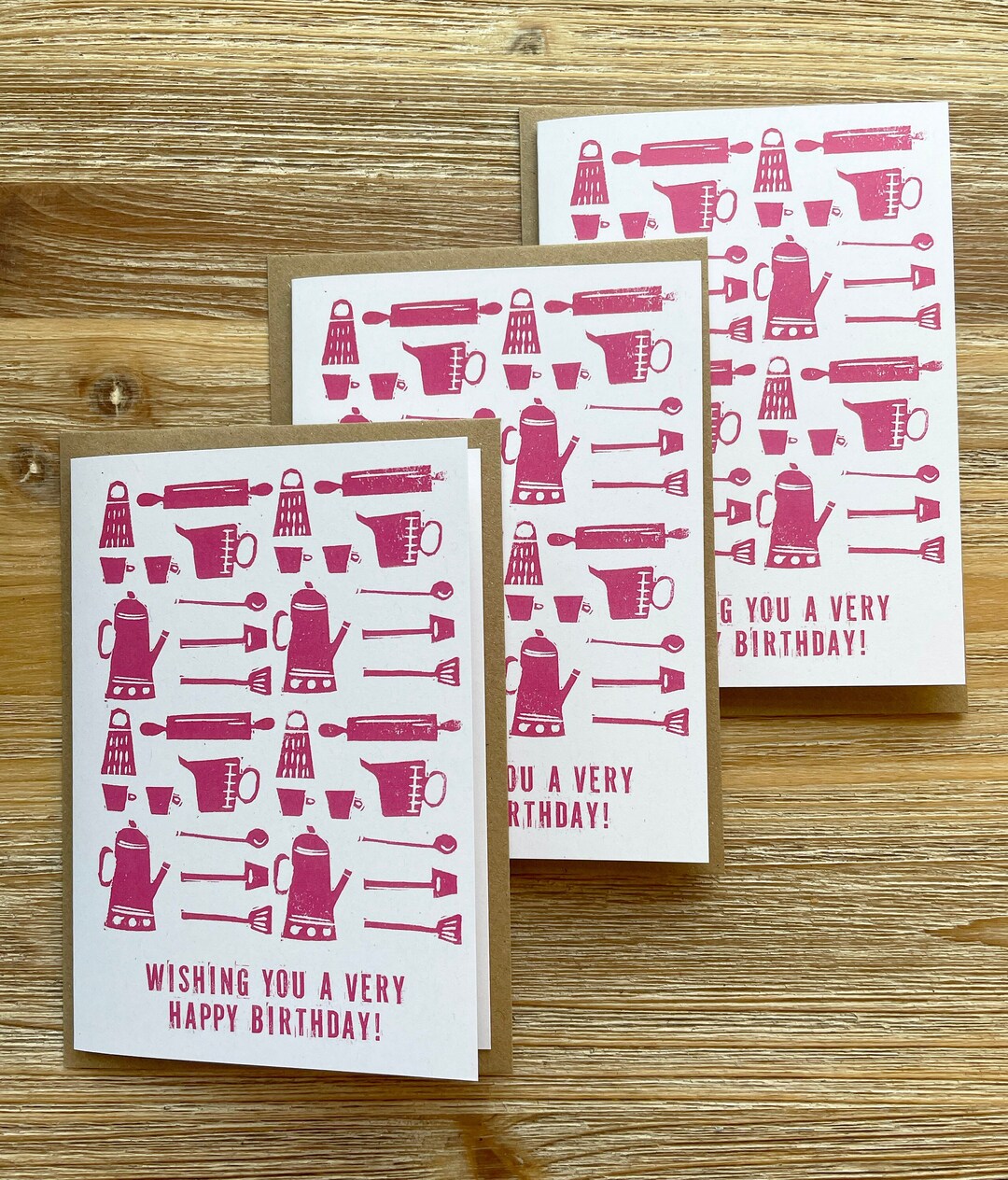 Happy Birthday Birthday Greeting Card Blank Inside Art Lino Print Pink ...