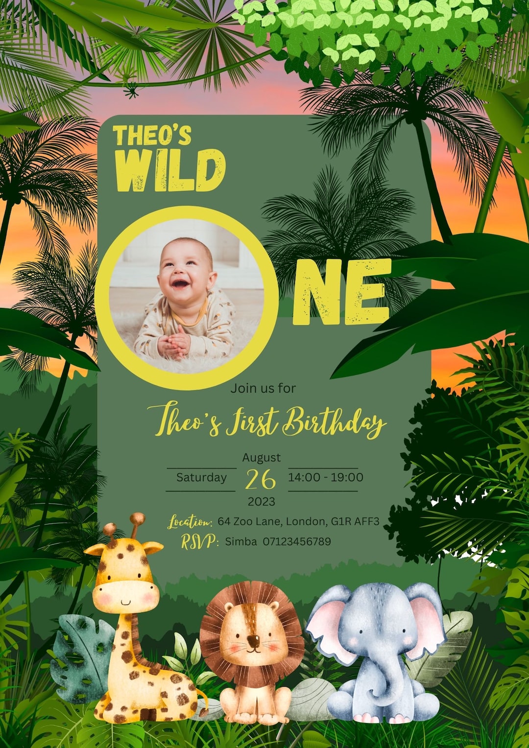 Wild One Selfie Digital Invitation Custom Photo Image Text Jungle ...