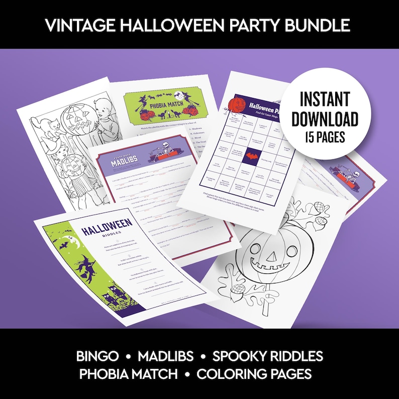 Vintage Kids Halloween Party Game Bundle | Madlibs, Bingo, Coloring ...