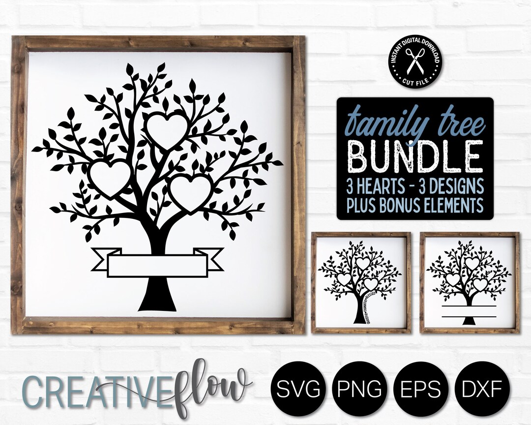 Family Tree SVG Bundle 3 Hearts for Family Members Split Monogram Svg ...