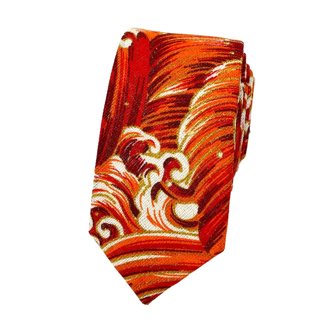 Artsy Waves Cotton Linen Necktie: Red Orange Sparkling Gold - Etsy