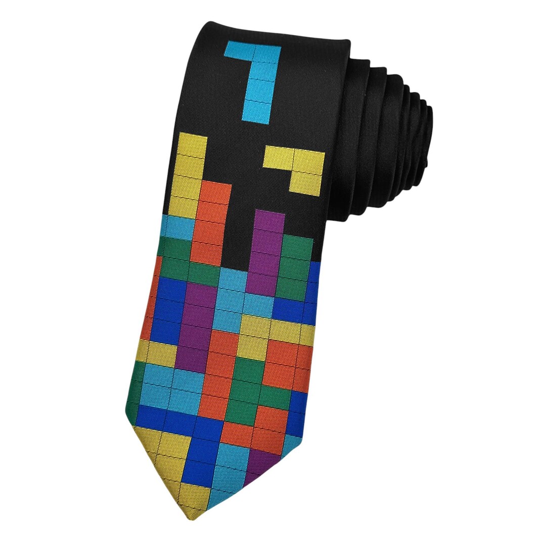 Tetris Retro Video Game Microfiber Necktie | Colorful Geometric Black ...