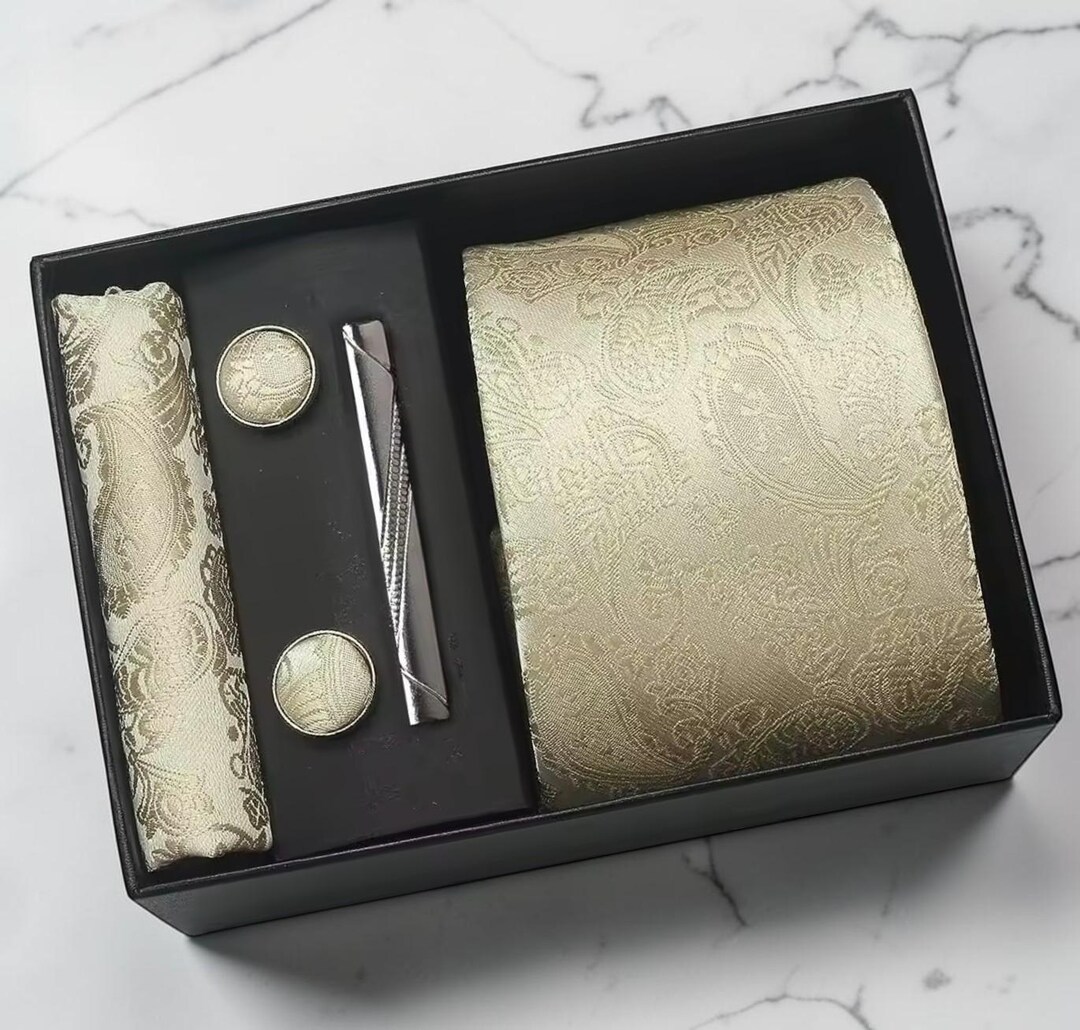 Champagne Gold Paisley Tie Set – Elegant Ivory Gold Necktie Gift Set ...