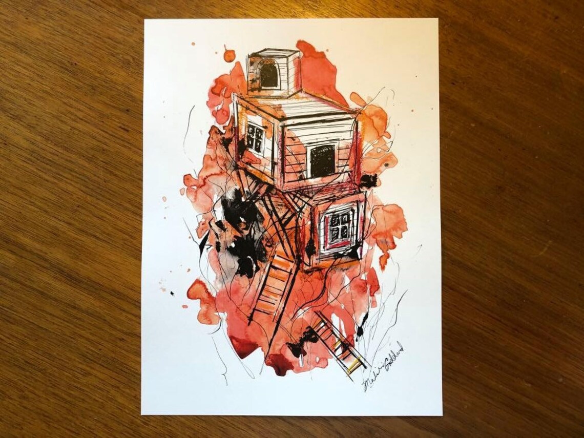Treehouse Art Print, Surreal Art, Surreal Painting, Fiery Watercolor ...
