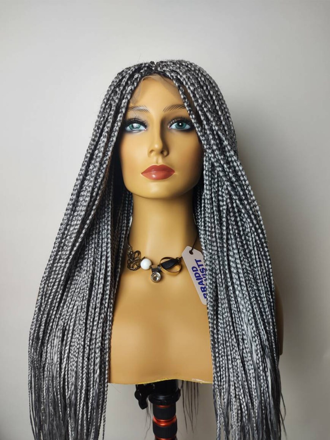 Handmade Gray Braided Box Braid Wig: 4x4 Lace Closure, 26 Inch - Etsy