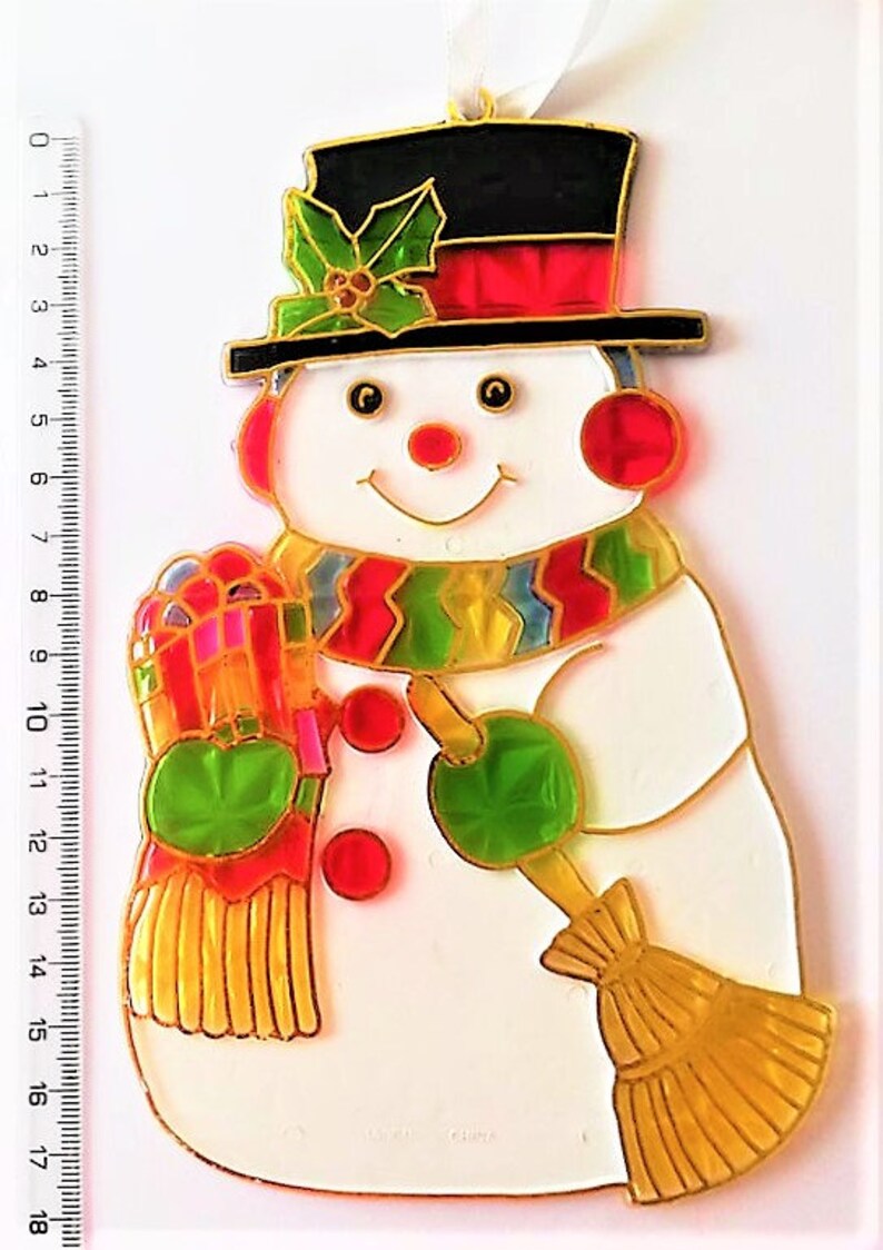 Christmas Decoration Snowman, Stained Glass Window Hanging, Vintage ...