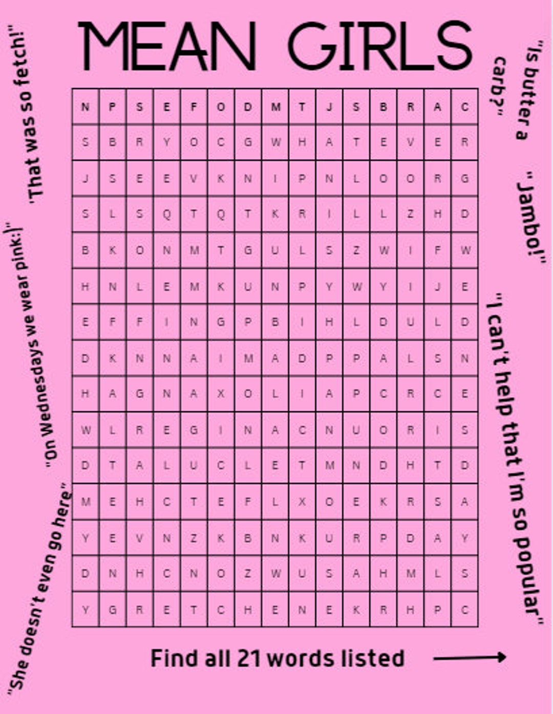 Mean Girls Theme Word Search Template - Etsy