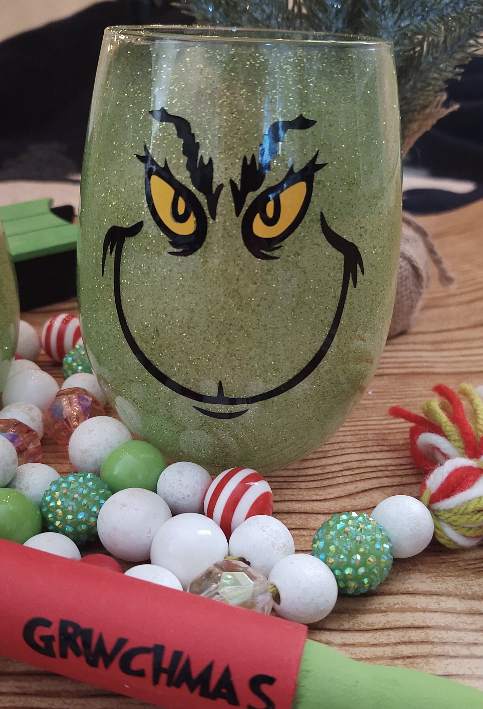 Glitter Grinch Face Wine Glass - Etsy
