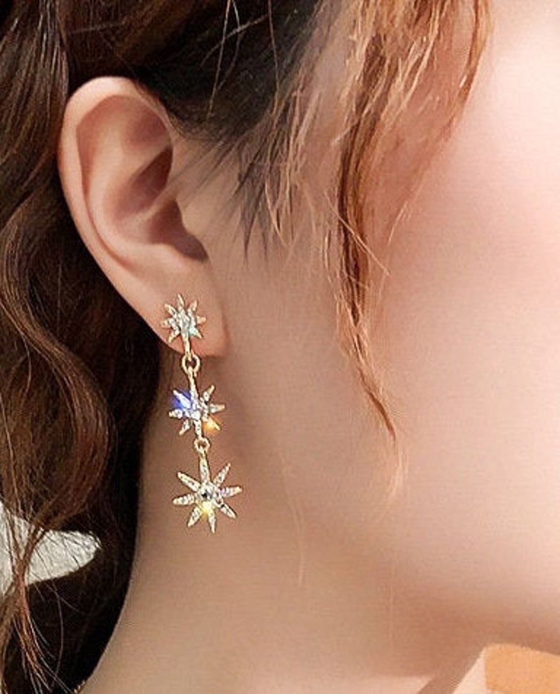 Gold Star Celestial Drop Earrings With Shiny Crystals - Etsy UK