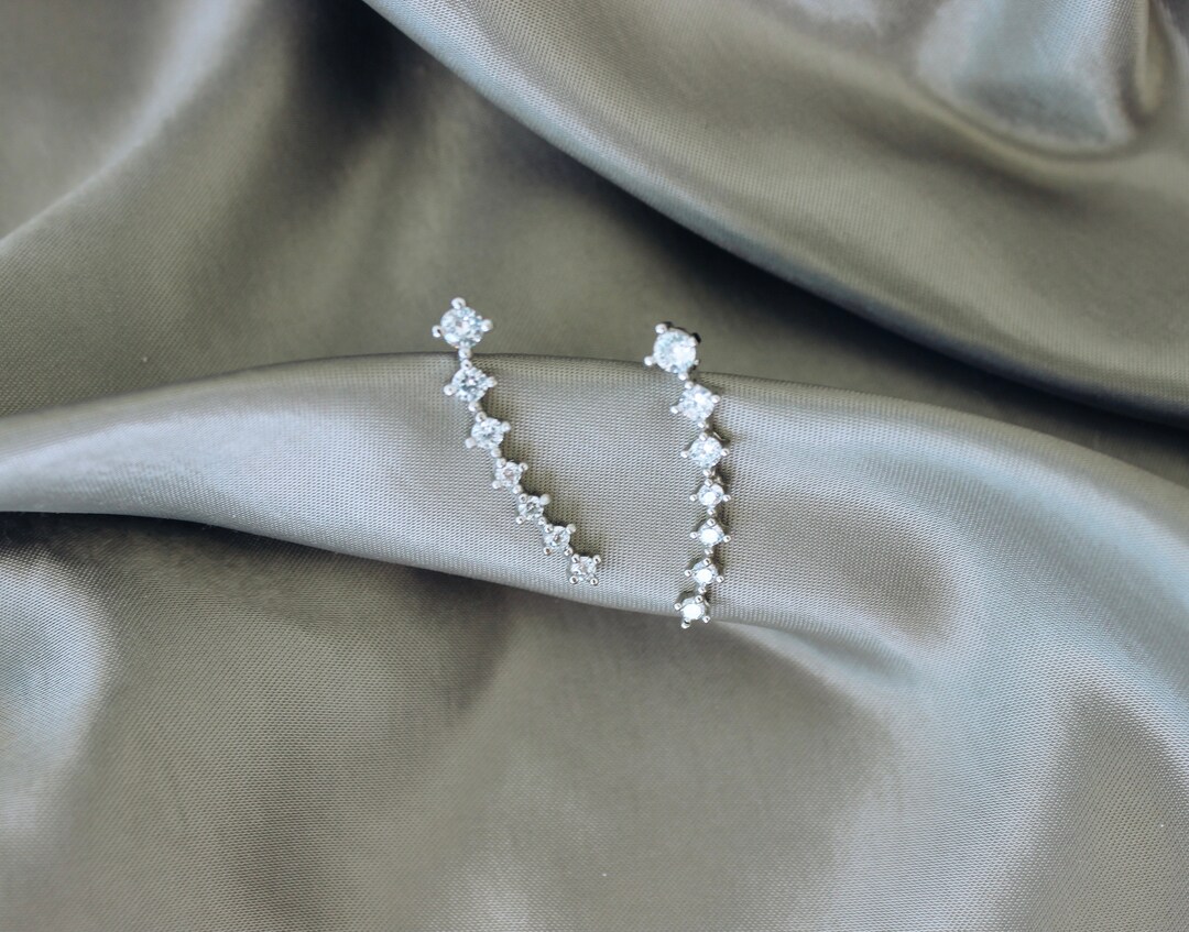 Silver Ear Climber With Dainty Rhinestones, Minimalist Ear Crawler ...