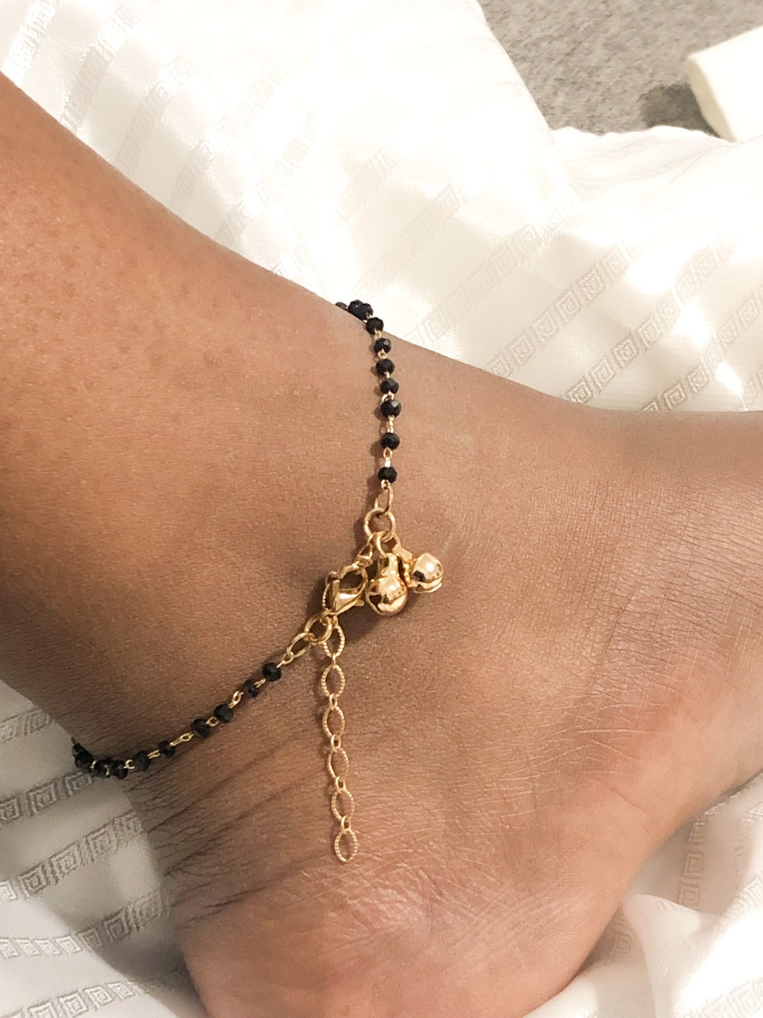Black Beaded Anklet: Gold Indian Bell Boho Beach Jewelry - Etsy