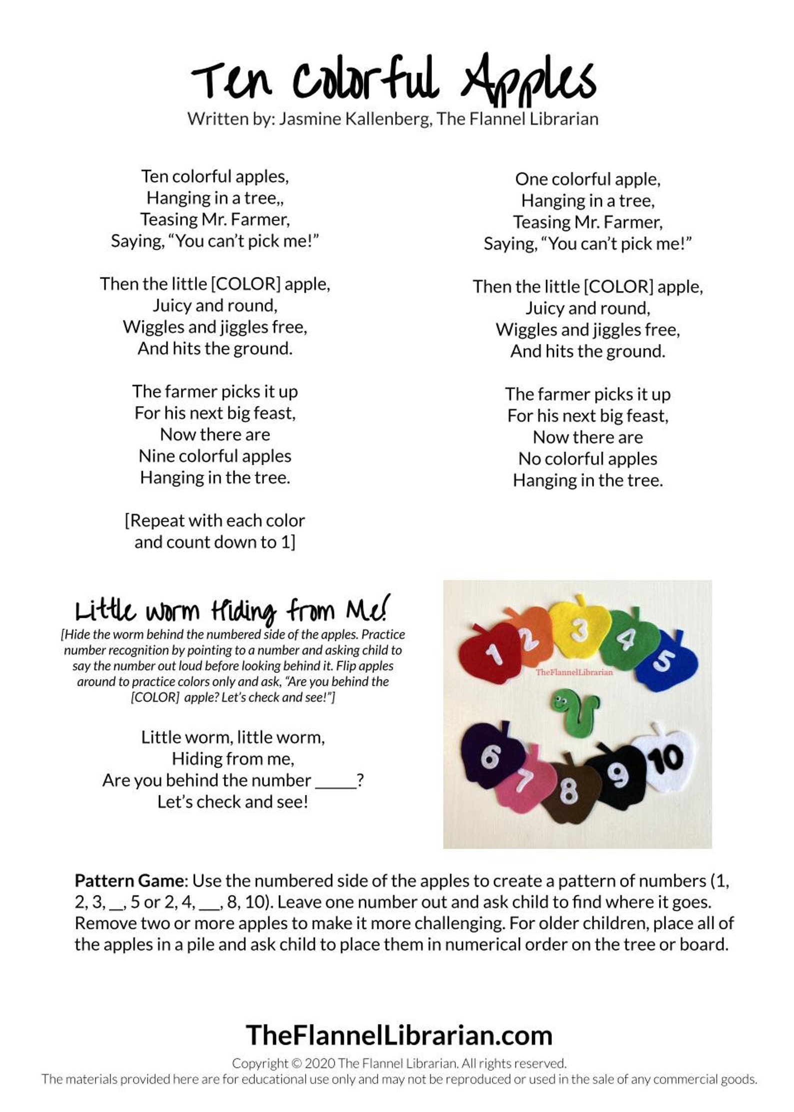 10 Colorful Apples/little Worm/felt Set/flannel Board Teaching ...