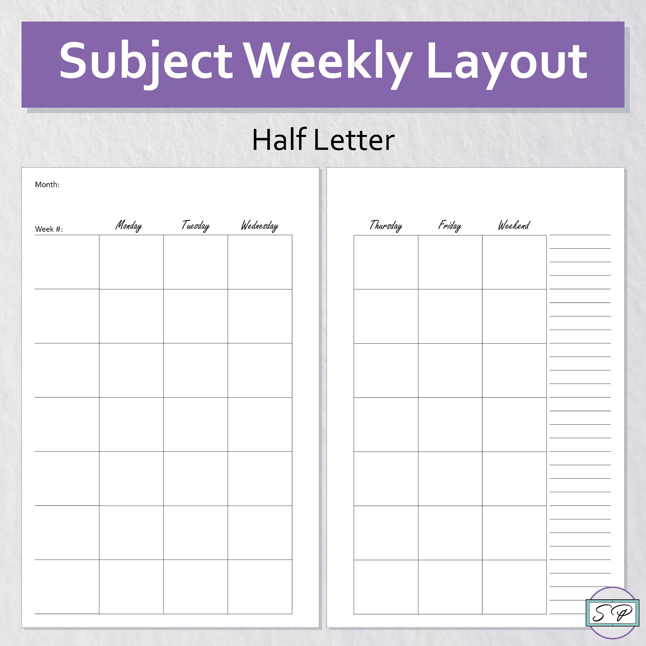 Weekly Subject Layout Insert Printable Undated Half-letter/junior Size ...