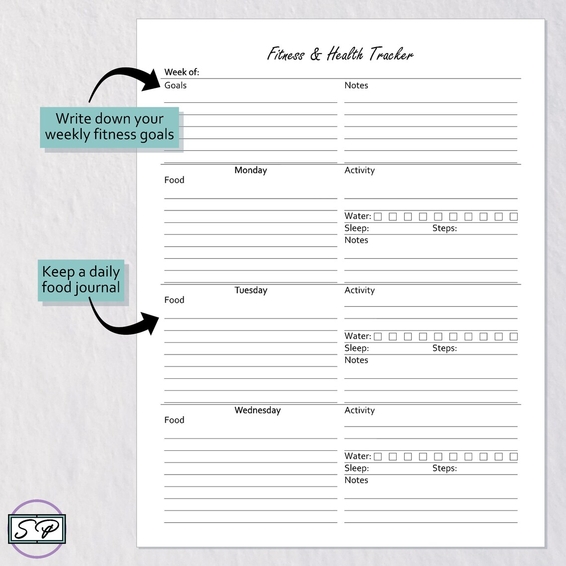 Fitness Tracker Planner Insert Printable | Week Health Tracker | Food ...