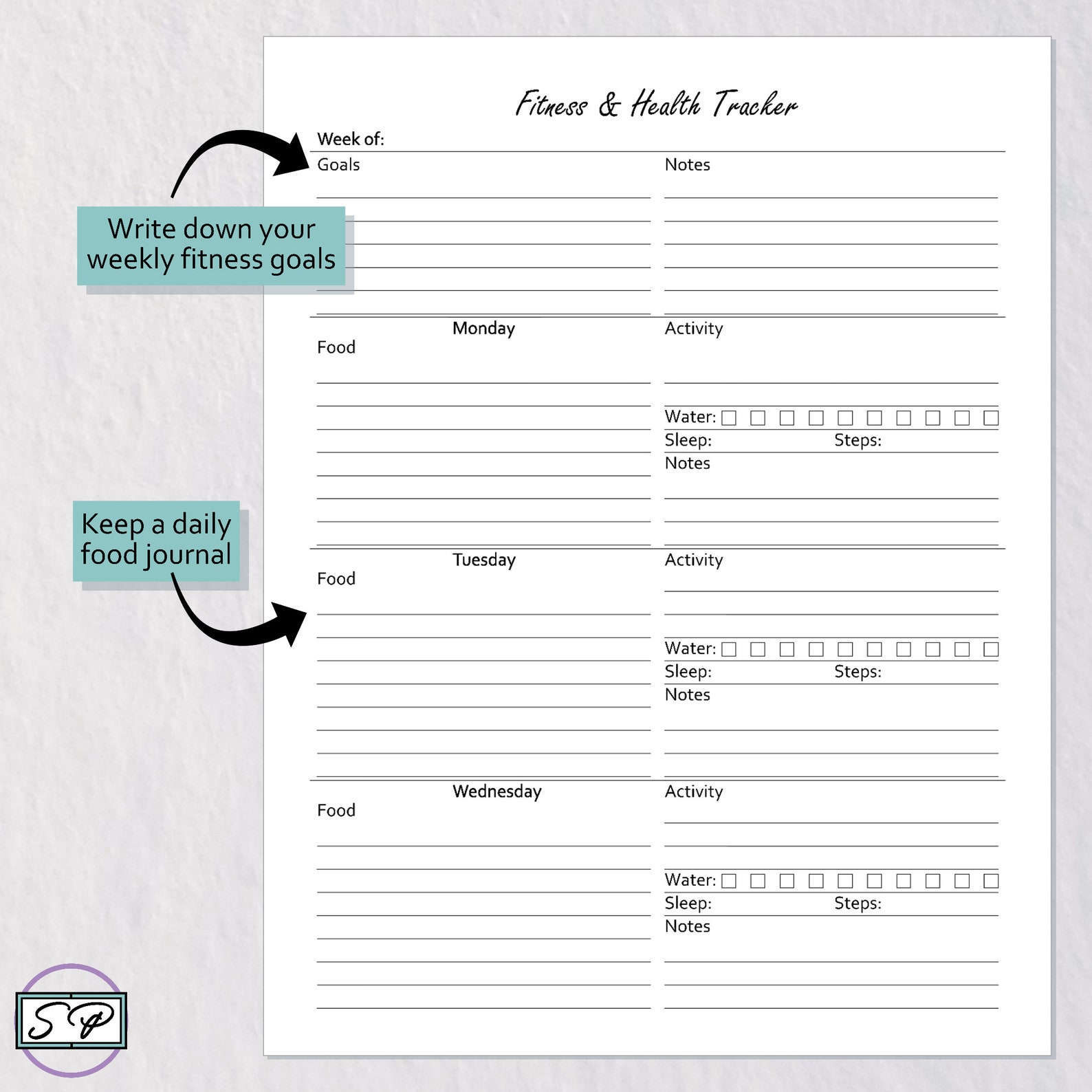 Fitness Tracker Planner Insert Printable | Week Health Tracker | Food ...