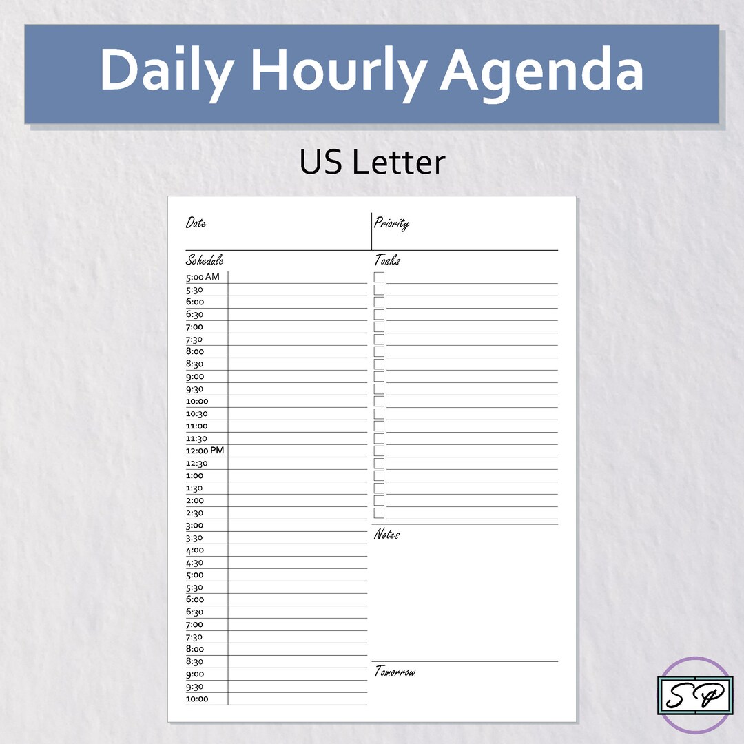 Daily Planner Insert Letter Size Printable | Hourly Daily Organizer ...