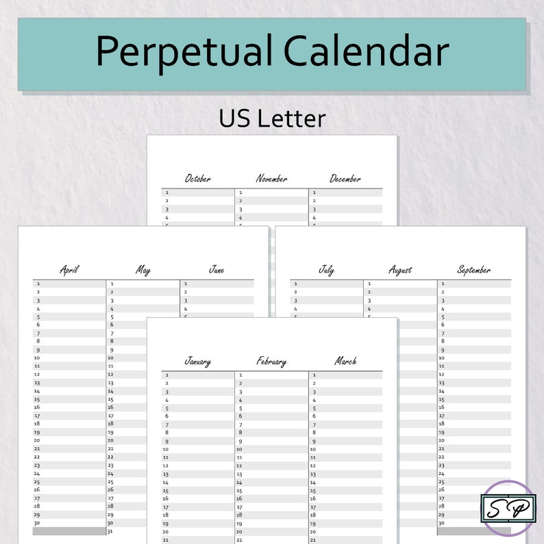Perpetual Calendar Letter Size Printable | Year at a Glance | Vertical ...