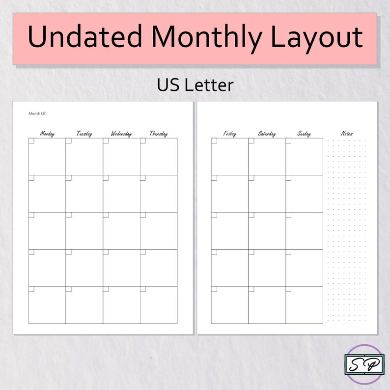 Undated Letter Size Monthly Planner Insert Pages W/ Dot Grid Printable ...