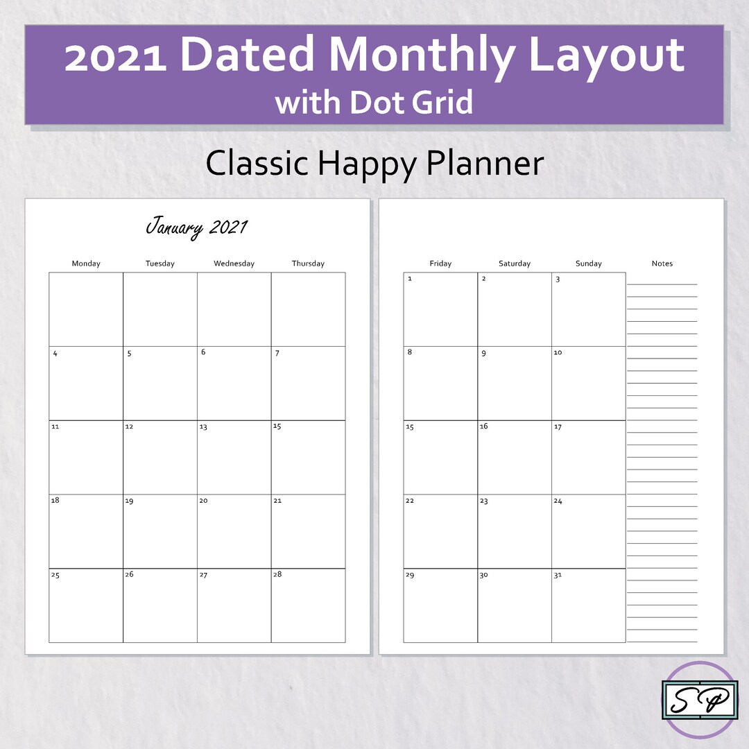 2021 Dated Monthly Layout Classic Happy Planner Printable Insert Month ...