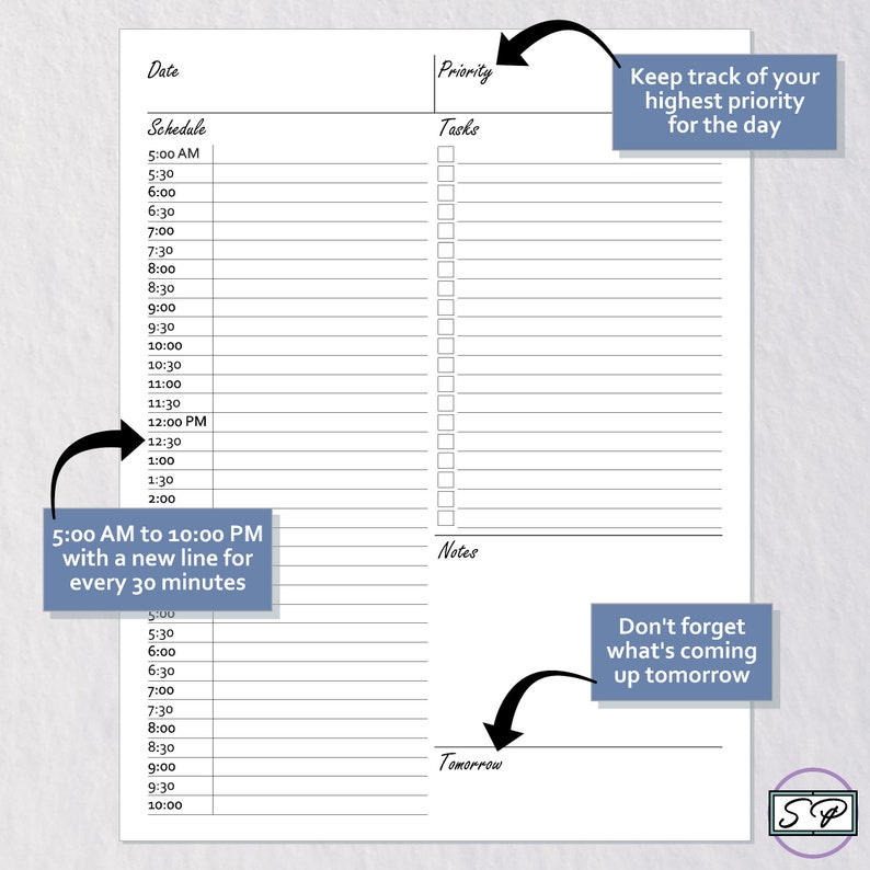 Daily Planner Insert Letter Size Printable | Hourly Daily Organizer ...